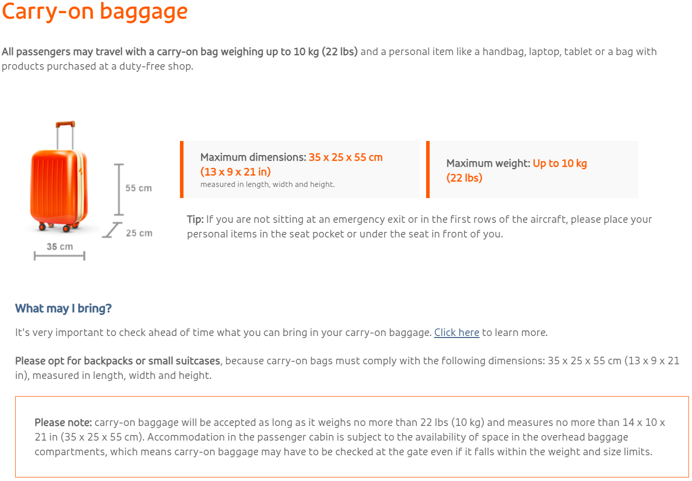 Maximum weight and size of carry-on luggage on budget airlines